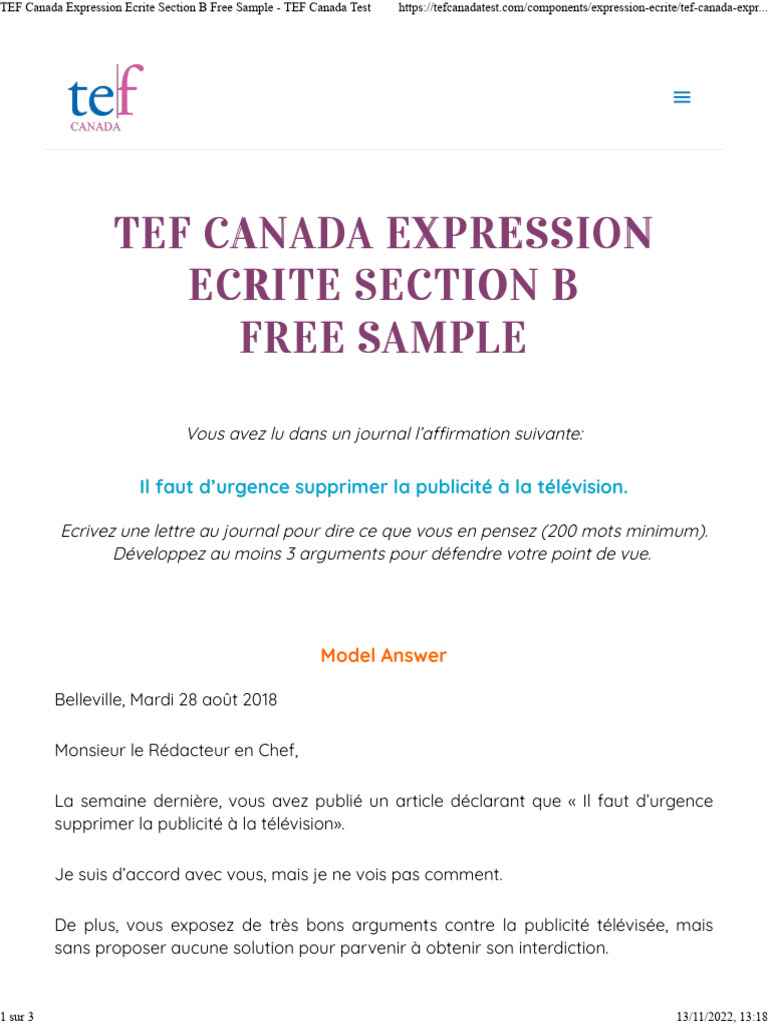 TEF Canada Expression Ecrite Section B Free Sample - TEF Canada Test | PDF