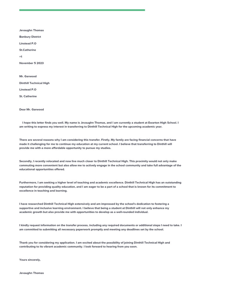 School Transfer Letter | PDF | Wellness
