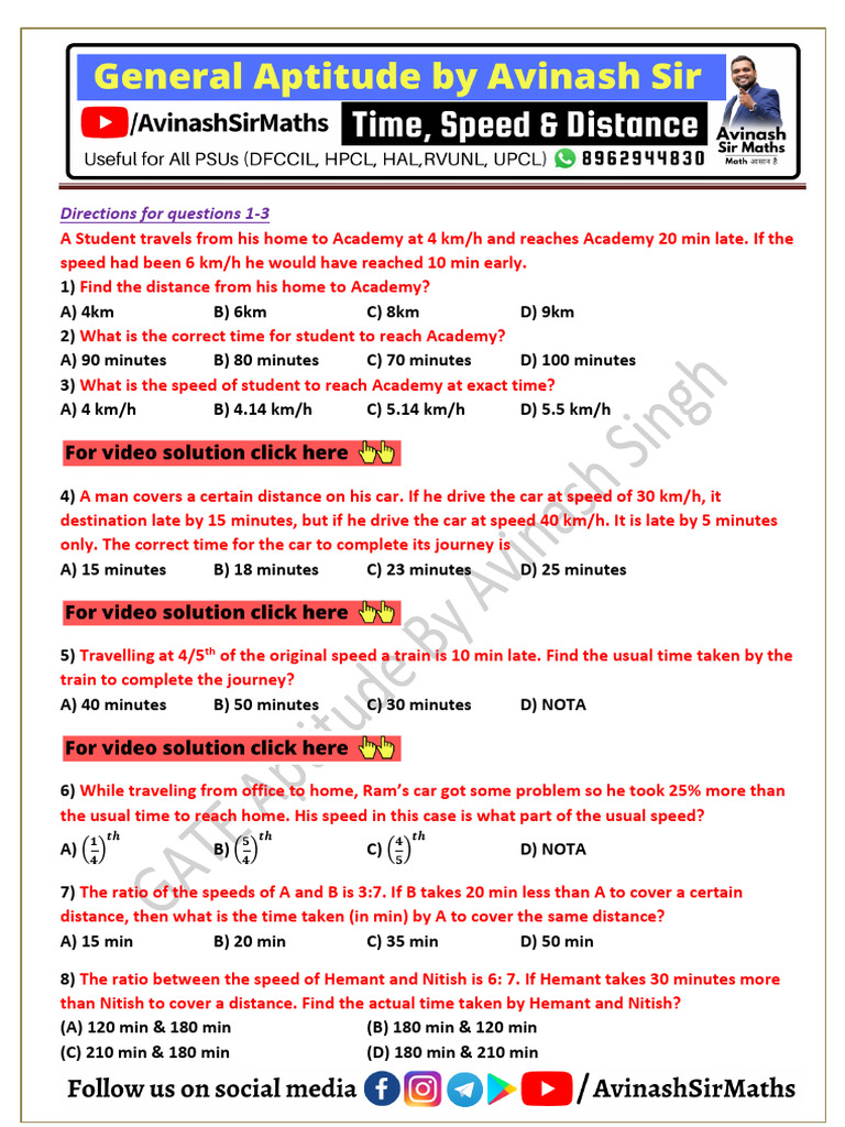 Time, Speed & Distance For GATE 2022 (By Avinash Sir) | PDF