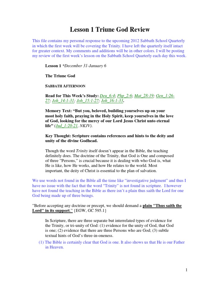 SDA Sabbath School 2012 Trinity Lesson Review #1: The Triune God | PDF ...