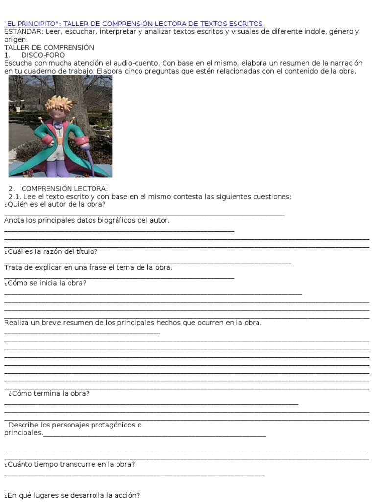 Taller de Comprensión Lectora de El Principito | PDF