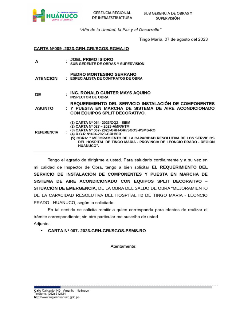 Carta 009 - Requerimiento Aire Acondicionado | PDF