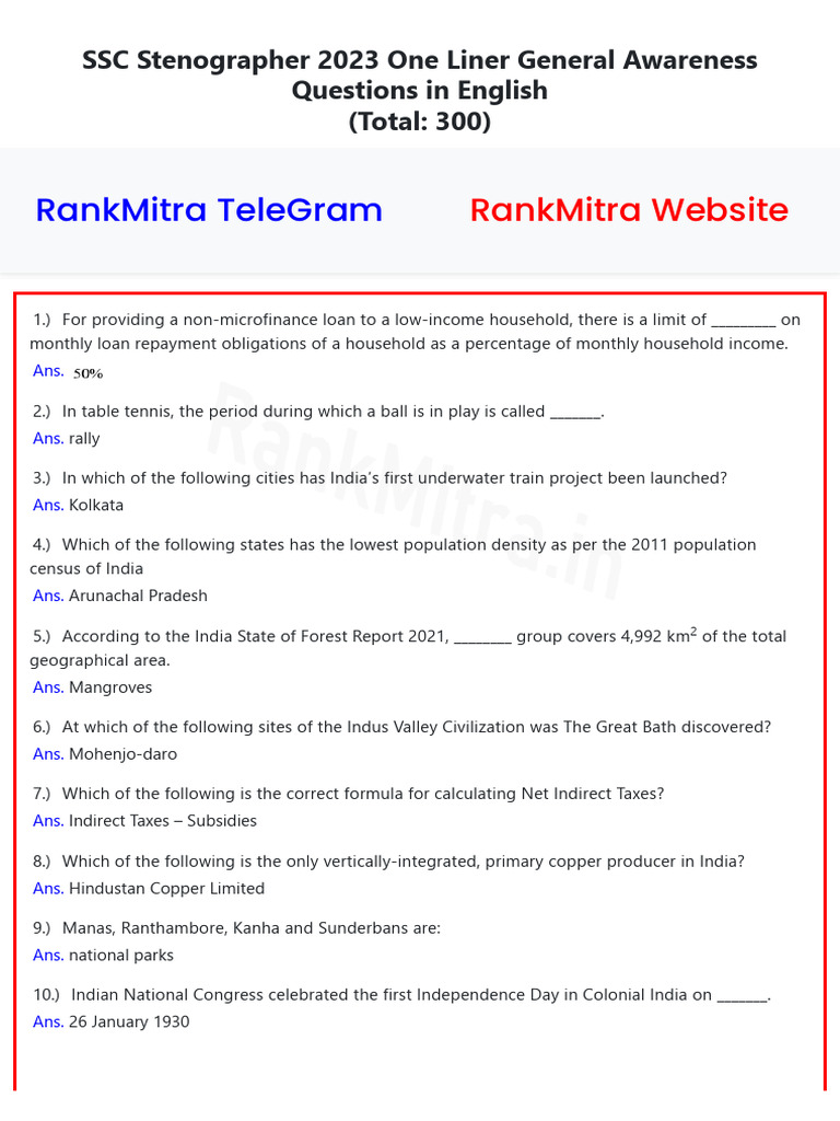 SSC Stenographer 2023 One Liner General Awareness Questions in English ...