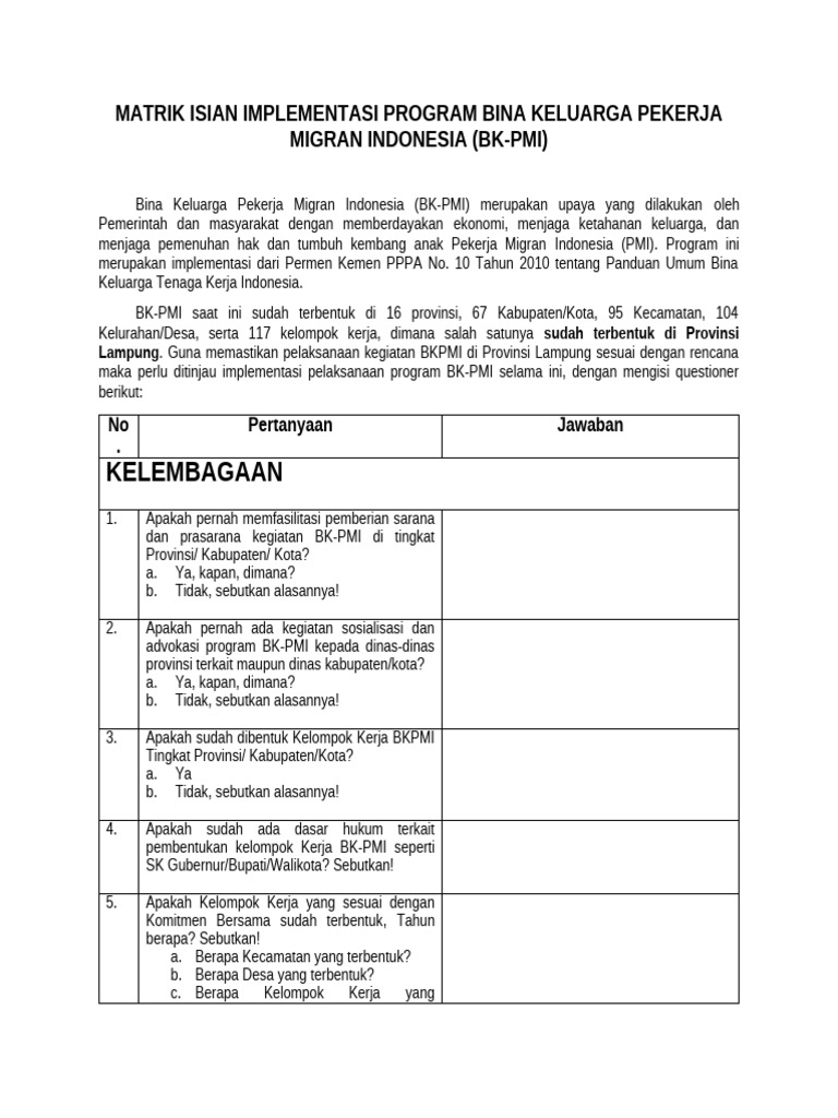 Matriks Implementasi BK-PMI | PDF