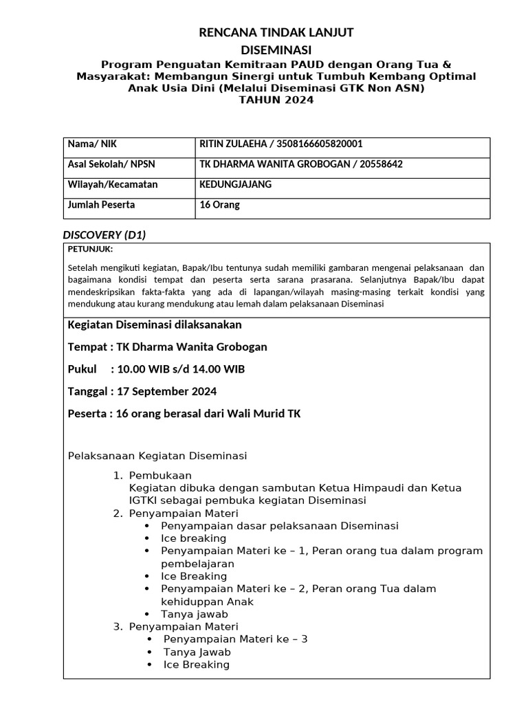 Untuk Fasilitator Rencana Aksi - RTL - Program Penguatan Kemitraan PAUD Melalui TOT GTK Non ASN ...