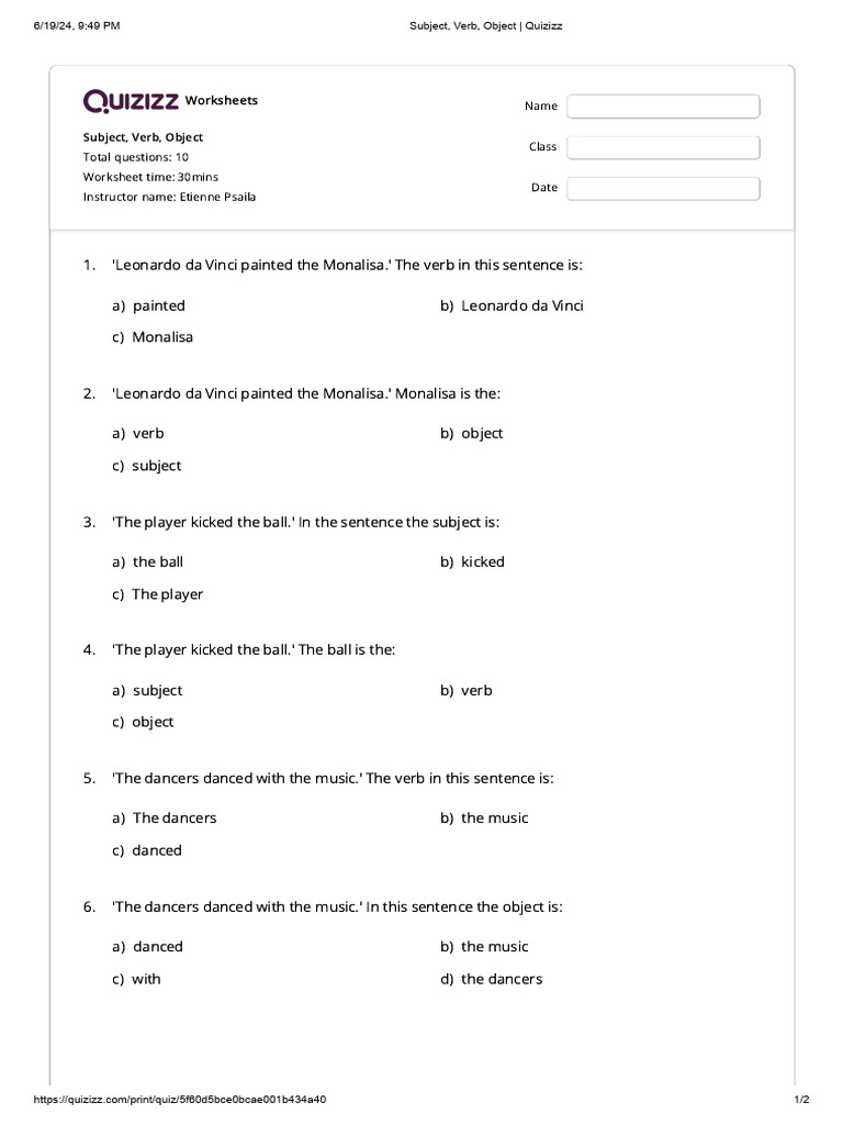 Subject, Verb, Object (Quiz) | PDF | Subject (Grammar) | Art
