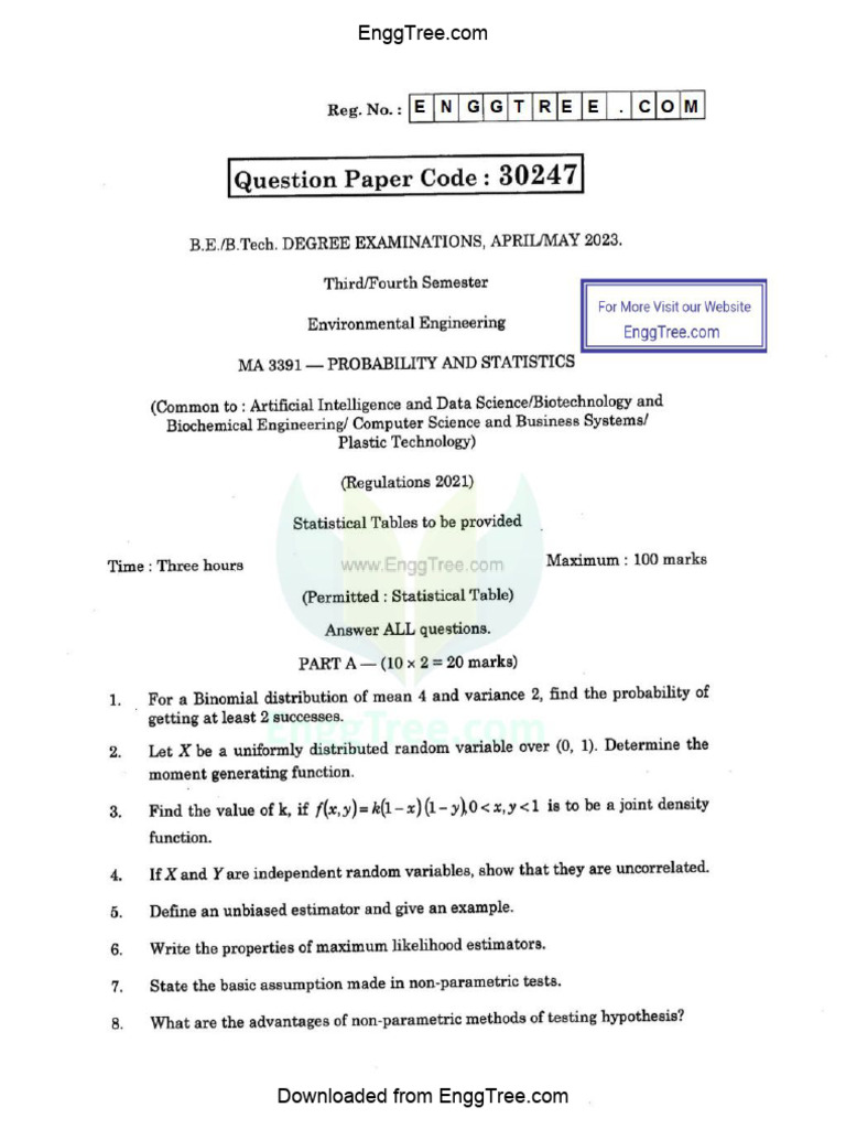 MA3391 Probability and Statistics Apr May 2023 Question Paper Download ...