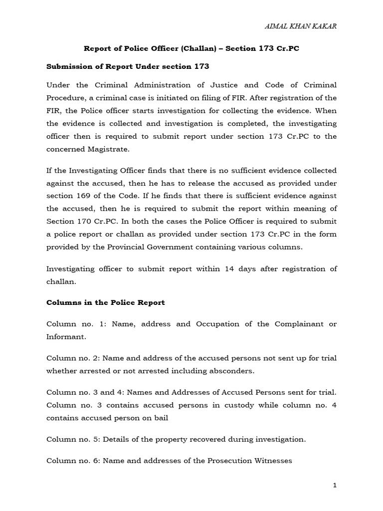 Police Report (Challan) - Section 173 | PDF | Arrest | Law