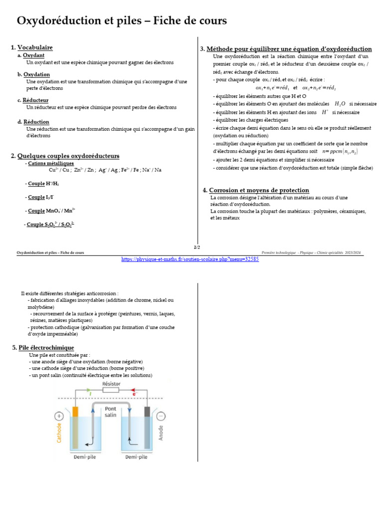 Oxydoreduction Piles Fiche Cours | PDF