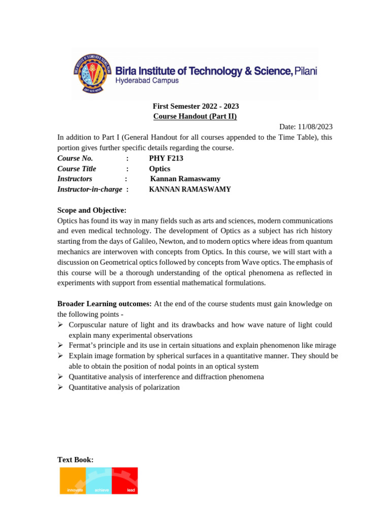 Phy F213 Optics - Handout | PDF