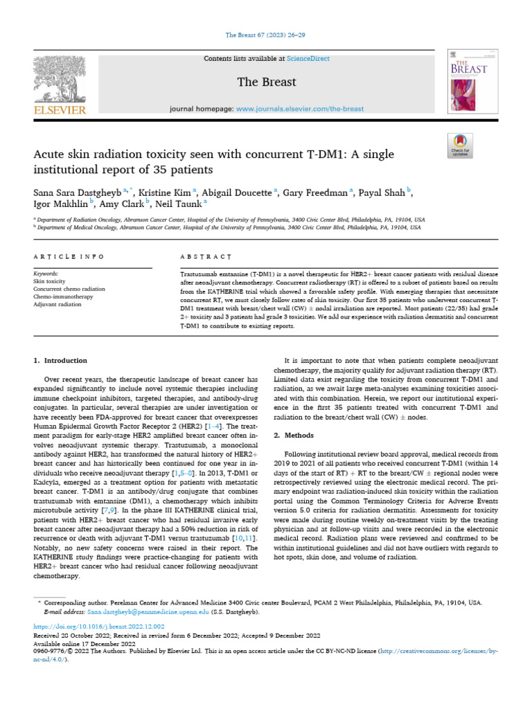 Acute Skin Radiation Toxicity Seen With Concurrent T-DM1: A Single Institutional Report of 35 ...
