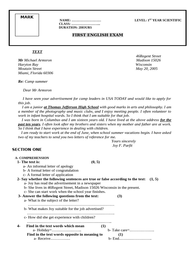 1AS Exam - 1st Term (Letter 7 - Joy F. Parfit) | PDF