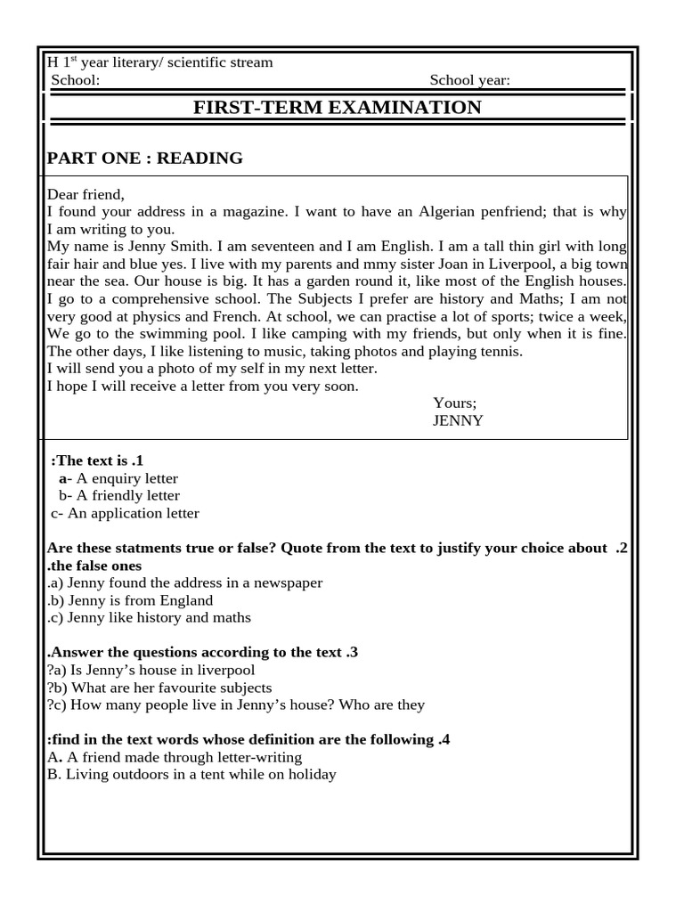 1AS Exam - 1st Term (Letter 9 - Jenny Smith) | PDF