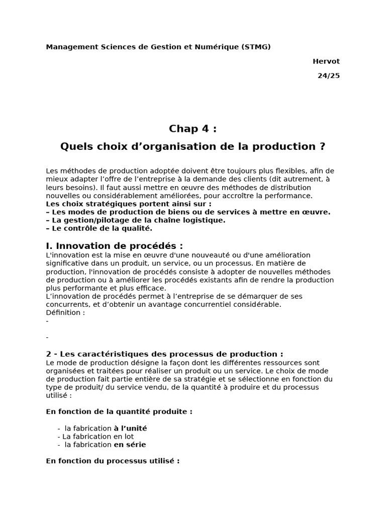 Synthèse Chap 4production | PDF