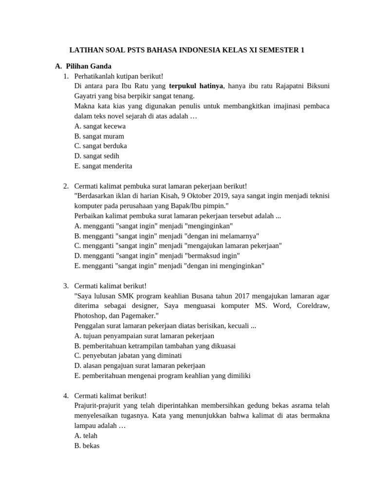 Latihan Soal PSTS Bahasa Indonesia Kelas Xi Semester 1 | PDF