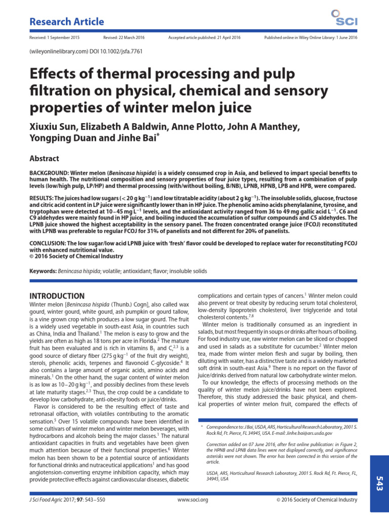 Effects of Thermal Processing and Pulp Filtration On Physical, Chemical ...