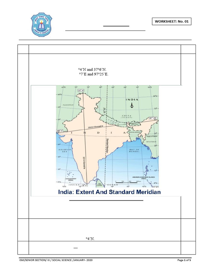 Class Ix-Social Science-2020-2021-Geography-Worksheet No 1-India Size ...