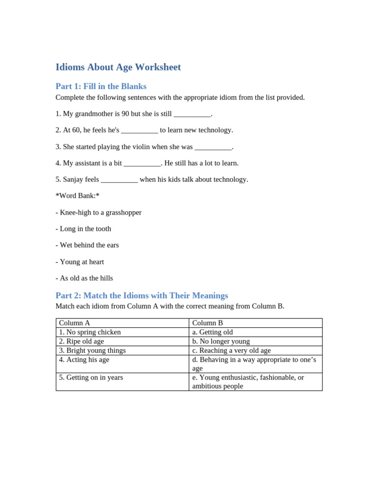 Idioms About Age Worksheet | PDF