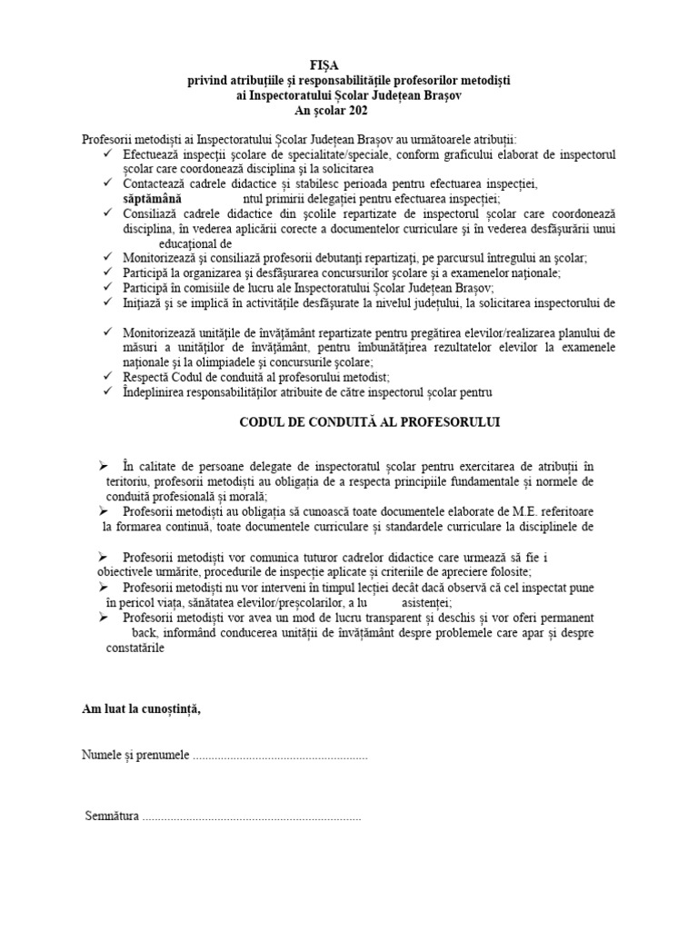 Fisa Atributii Metodist | PDF