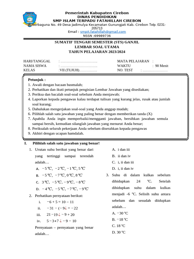Soal PTS Ganjil KLS 7 2023-2024 | PDF