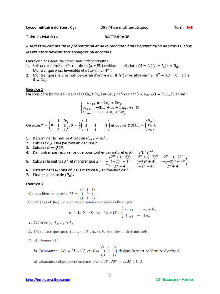 DS 4 Rattrapage Matrices | PDF