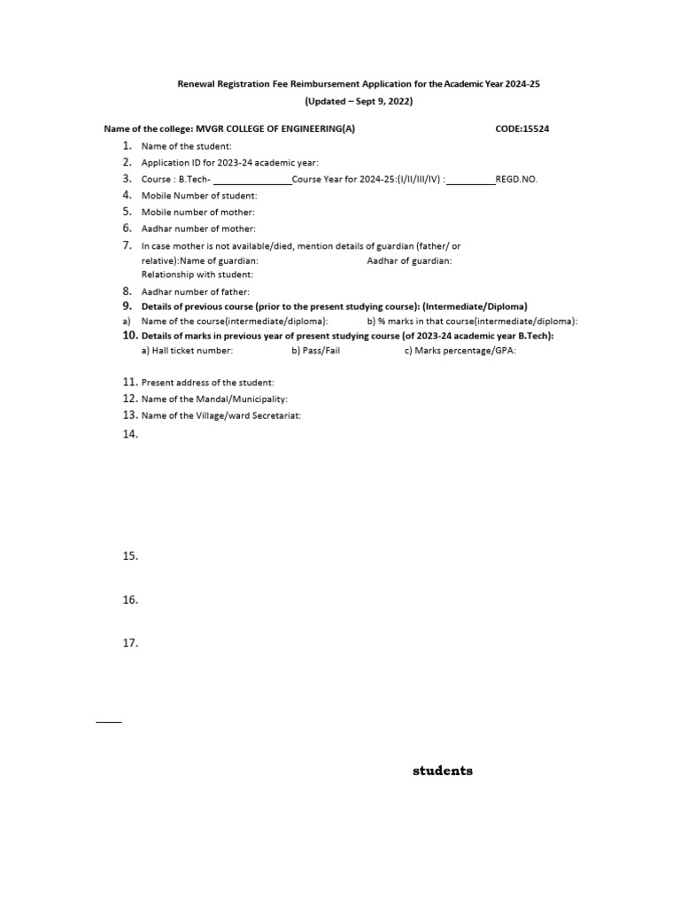 Renewalfee Reimbursement Registration Application Form-2024-25 | PDF