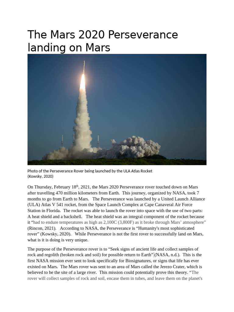 The Mars 2020 Perseverance Landing On Mars | PDF