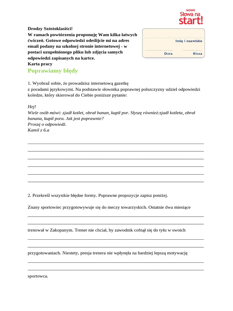 Jezyk Polski Karta Pracy Klasa 6 | PDF