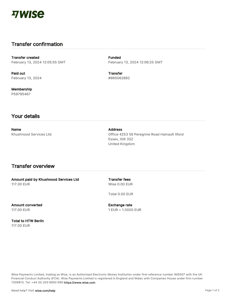 Wise Transaction Invoice Transfer 965062882 2482498714 en | PDF