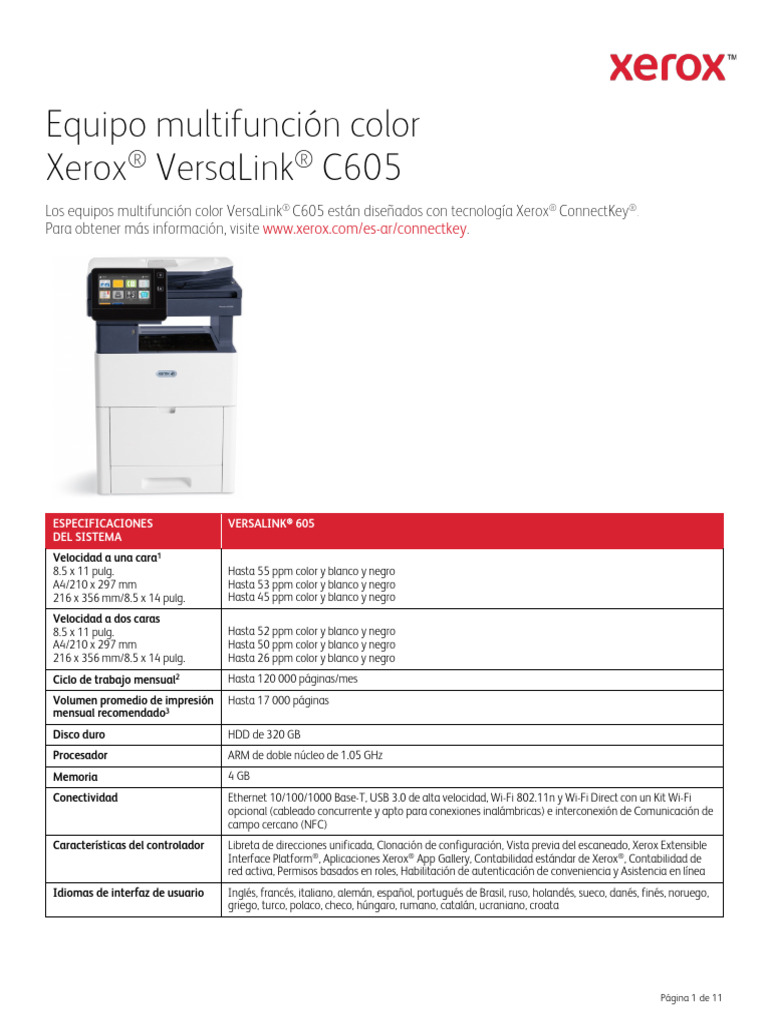 Especificaciones - VersaLink C605 | PDF