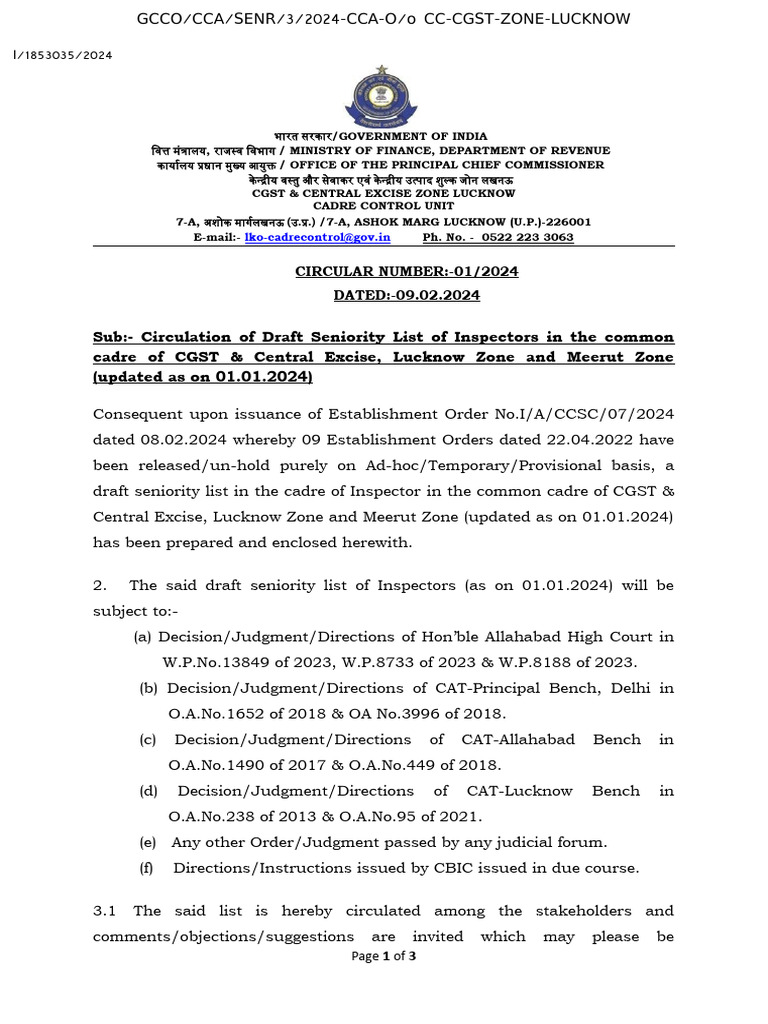 Circular No 01 of 2024 | PDF