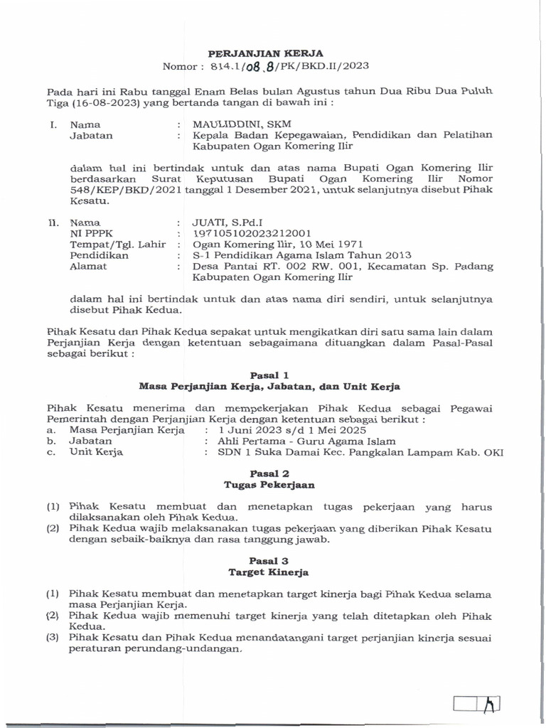 Contoh Perjanjian Kerja (Rangkap Ke-2) | PDF