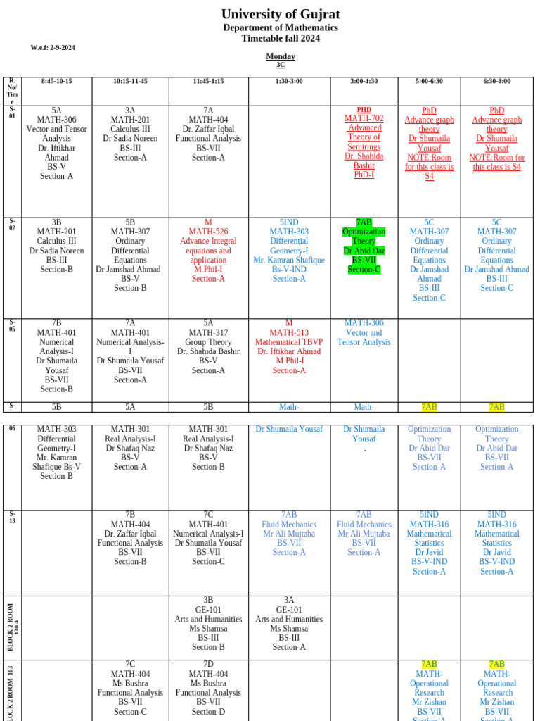 New Timetable Fall 24 | PDF