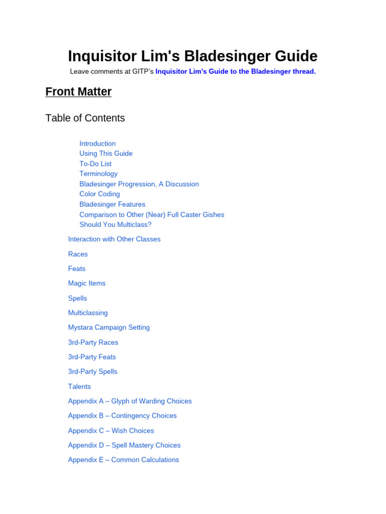 Inquisitor Lim's Bladesinger Guide | PDF | Gary Gygax Games | Career & Growth