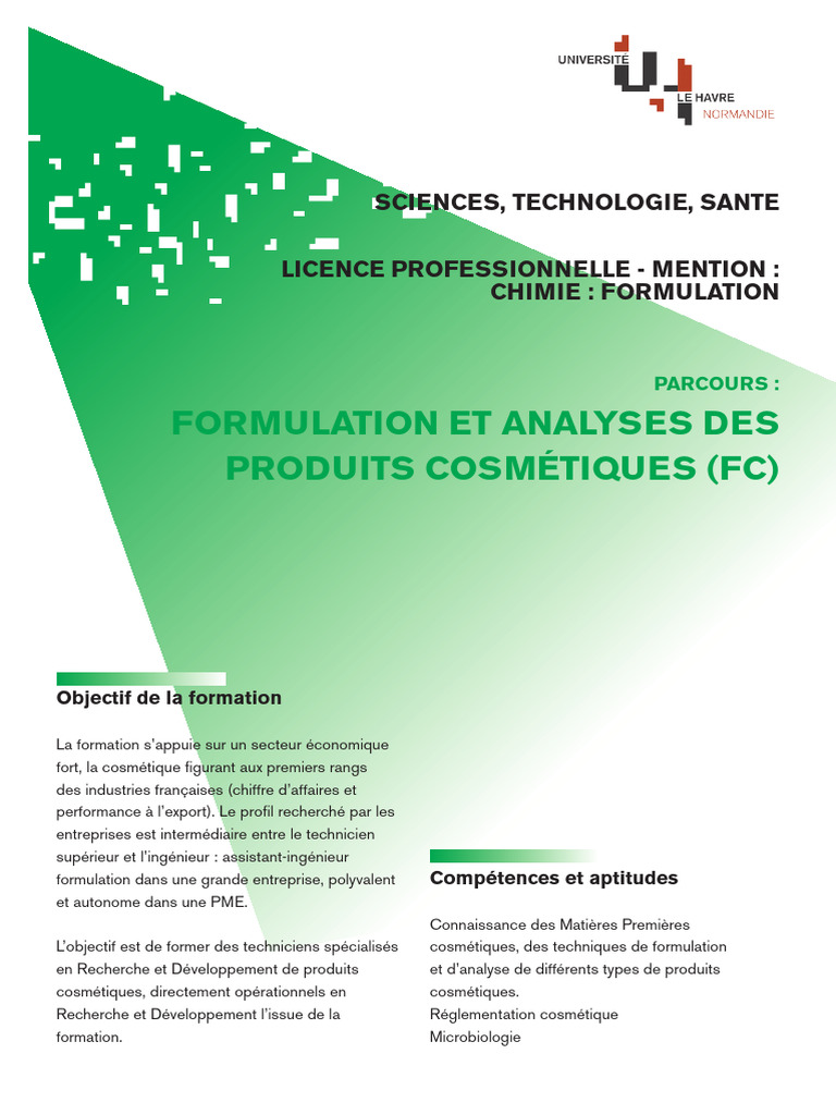 Brochure ST LP Chimie - Formulation Formulation Et Analyses Des Produits Cosme Tiques FC | PDF