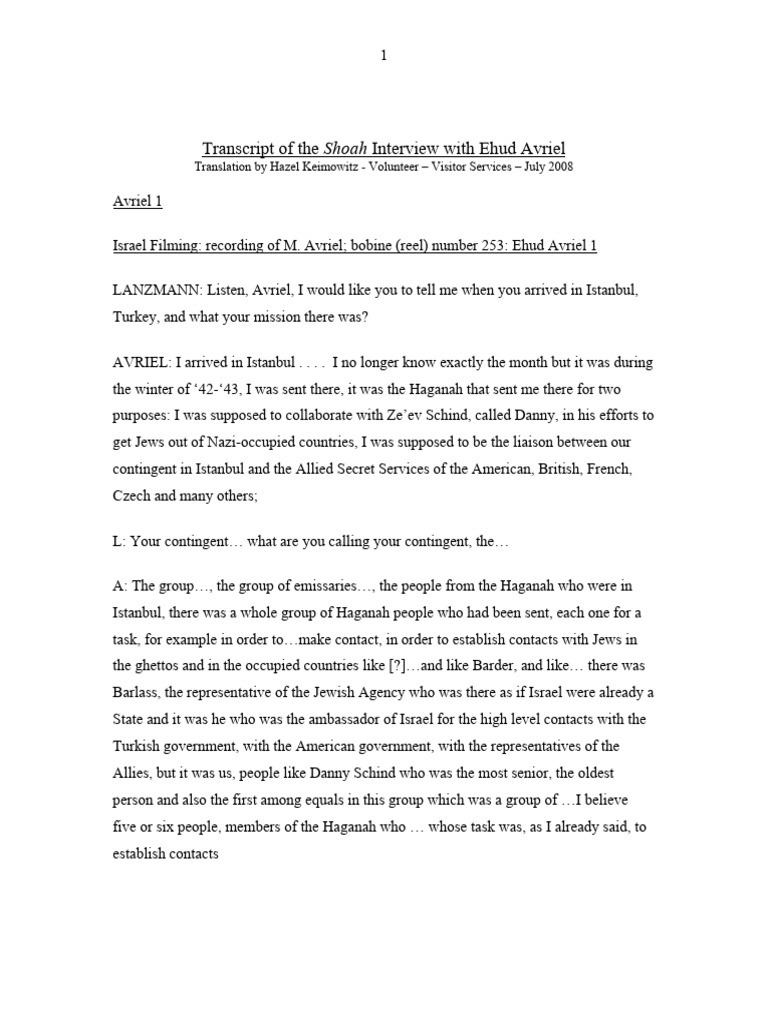 Transcript of The Shoah Interview With Ehud Avriel | PDF