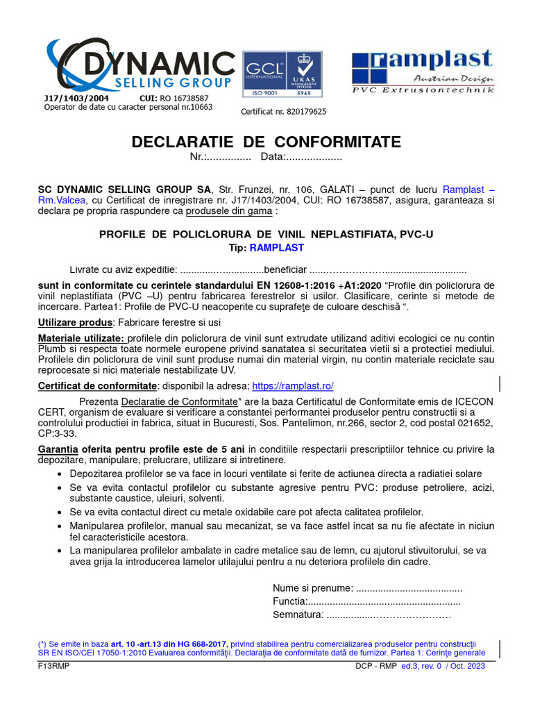 Declaratie de Conformitate Profile RAMPLAST - Oct2023 - F | PDF
