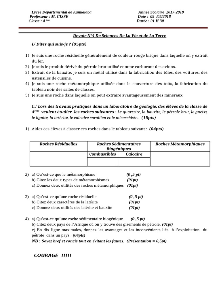 DEVOIR 4 SVT 4ème | PDF