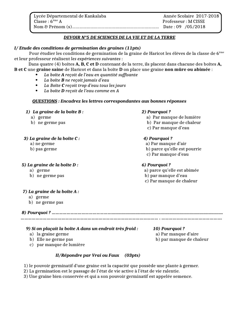 Devoir Svt 6Ème Pdf: Exercices Svt 6Ème Avec Correction – KSSBPM