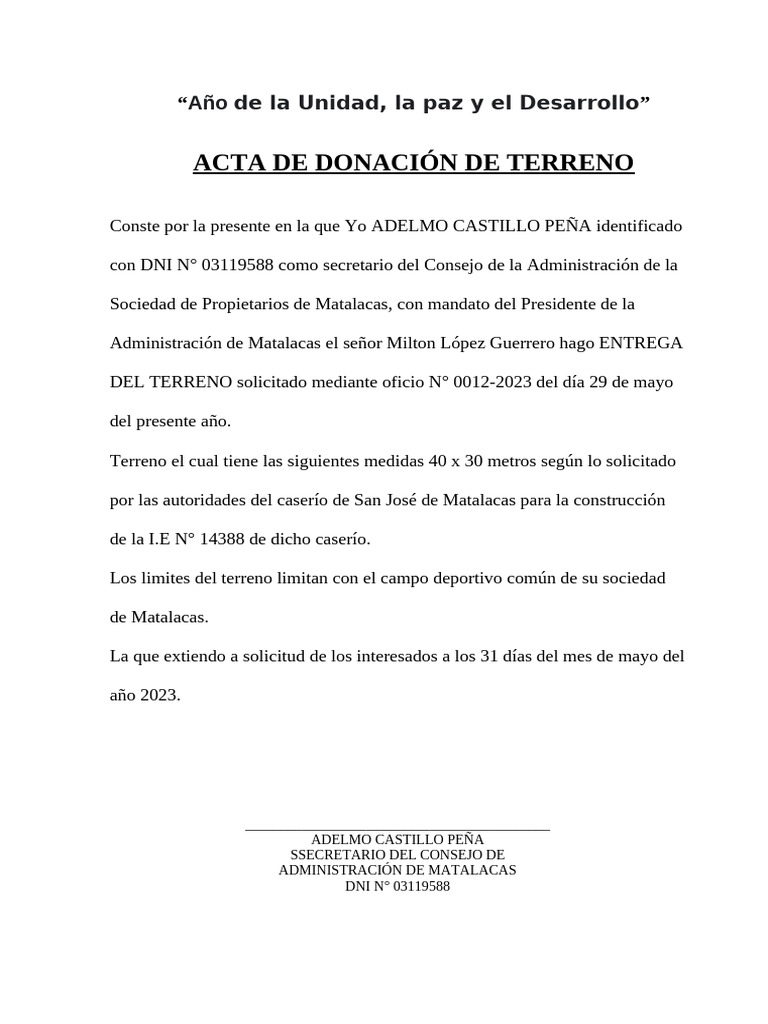 Donación de Terreno para I.E. N° 14388 | PDF