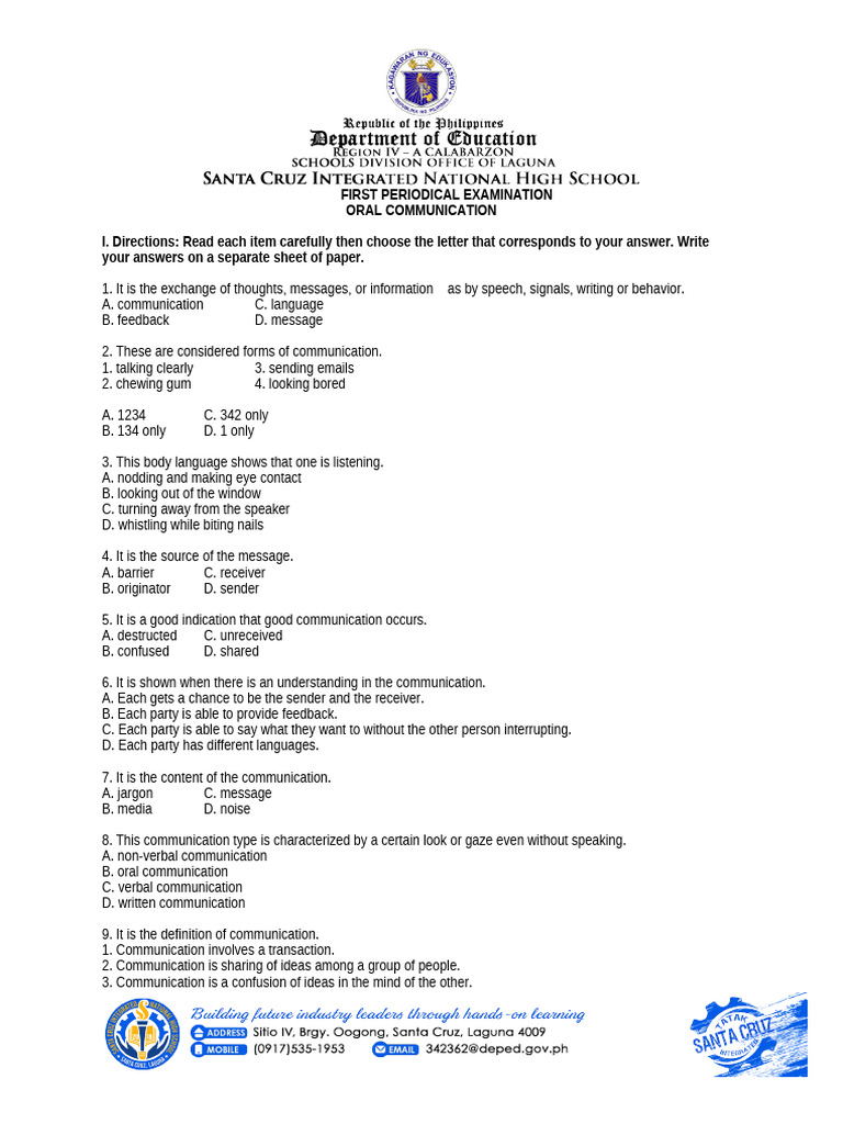 1st Periodical Exam in Oral Communication - Answer Key | PDF ...