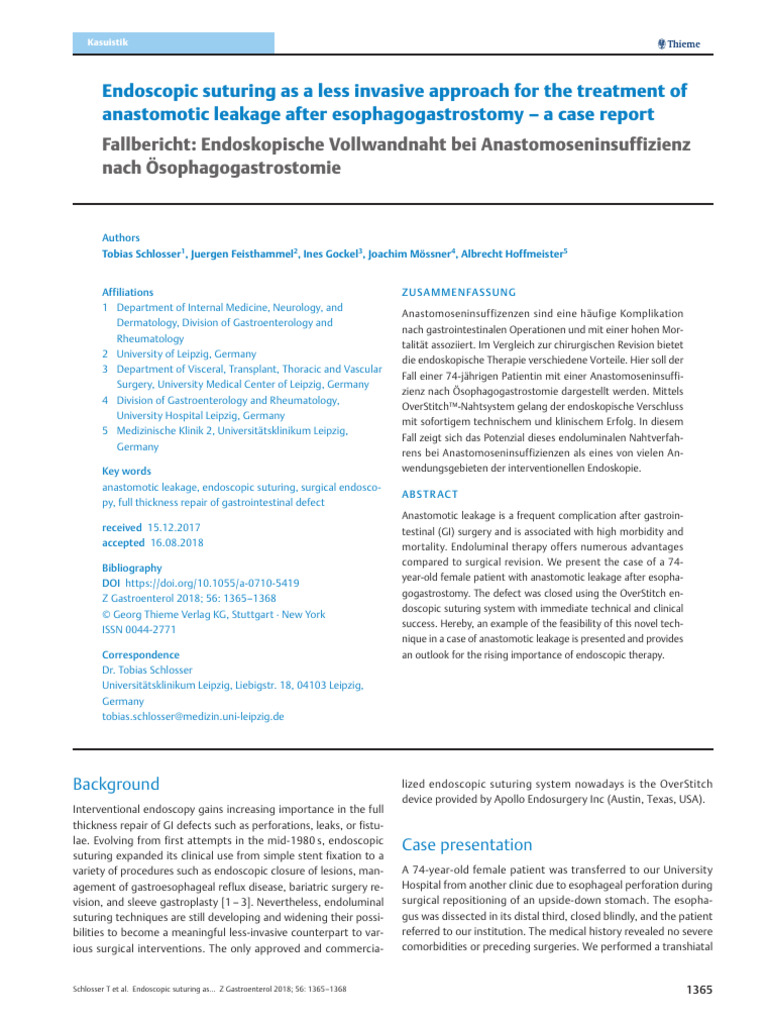 Endoscopic Suturing As A Less Invasive Approach For The Treatment of Anastomotic Leakage After ...