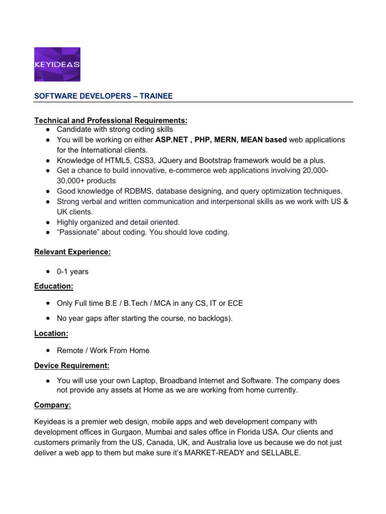 JD SWDevelopers Trainee | PDF