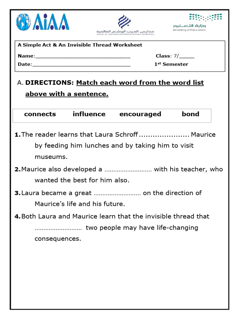 A Simple Act & Invisible Thread Worksheet Grade 7 AK | PDF