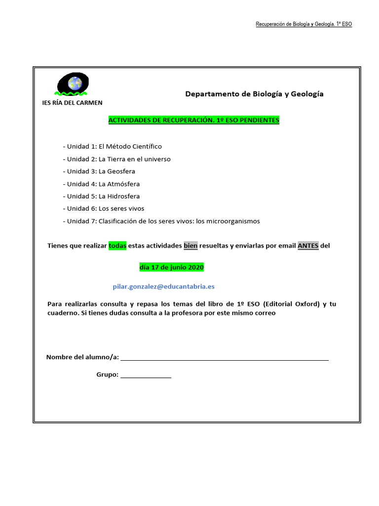 Actividades Biolog¿a y Geolog¿a 1eso | PDF