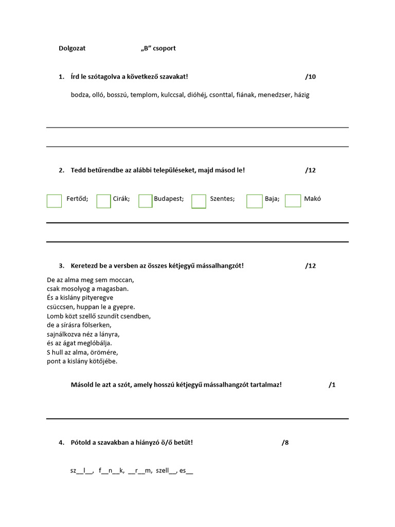 Nyelvtan Dolgozat 3.o B | PDF