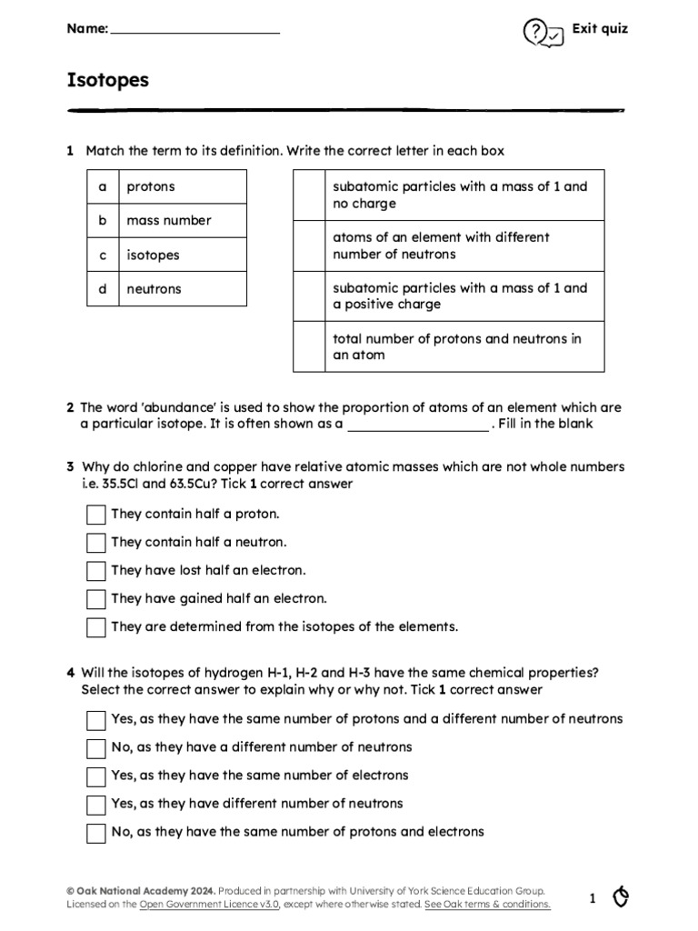 Isotope Knowledge Exit Quiz | PDF | Isotope | Neutron