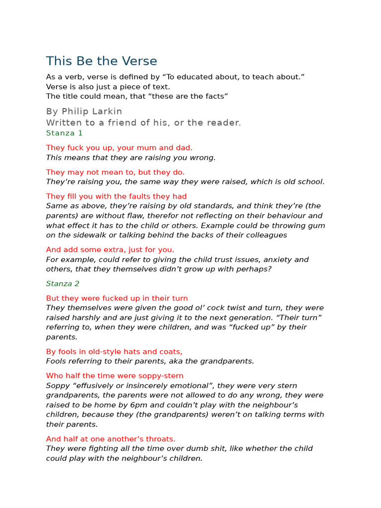 This Be The Verse Analysis | PDF