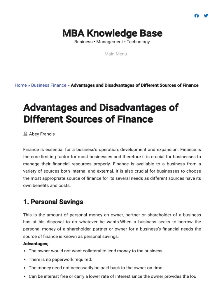 Advantages and Disadvantages of Different Sources of Finance - M | PDF
