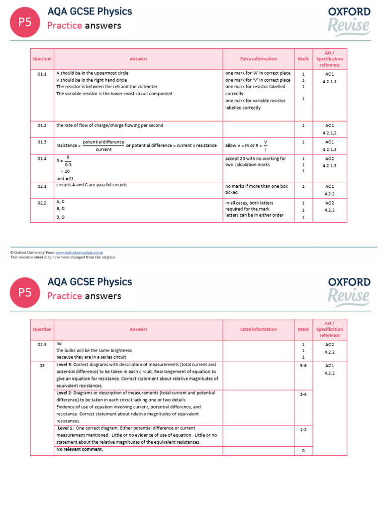Oxford Revise AQA GCSE Physics Higher Chapter5 Answers | PDF
